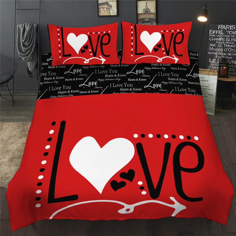 Love Heart Bedding Set 3D Printed Queen King Red Duvet Cover Pillowcase ...
