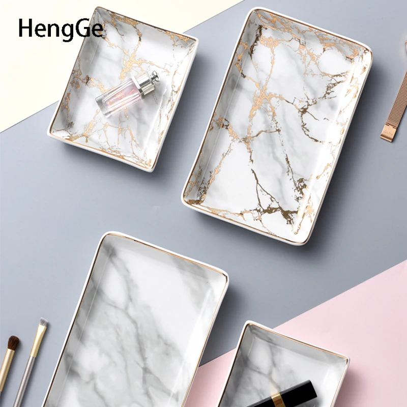 Nordic Square Ceramic Trays Decorative Golden Marble Texture Decoration ...