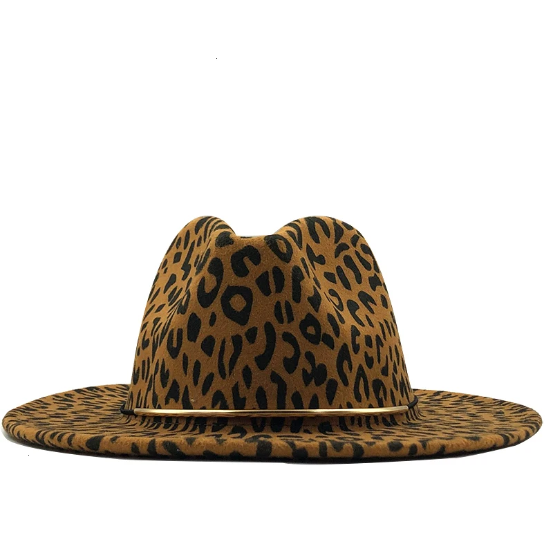 Simple Unisex Flat Brim Wool Felt Jazz Fedora Hats Men Women Leopard ...