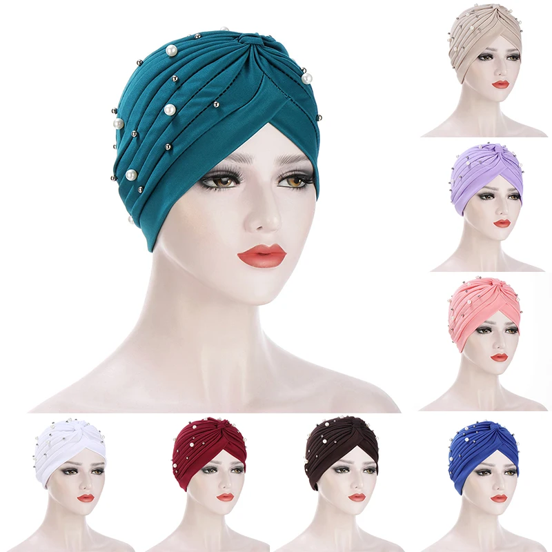New-Fashion-solid-Color-Pearl-Muslim-Turban-Scarf-Women-Islamic-Inner ...
