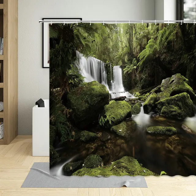 Scenery Shower Curtain, Waterfall Mountain In Forest Jungle Landscape ...