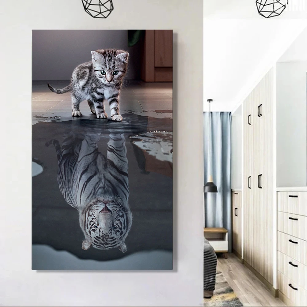 Creative-Painting-Art-Cute-Cat-Reflection-Tiger-In-Water-Posters-Prints ...