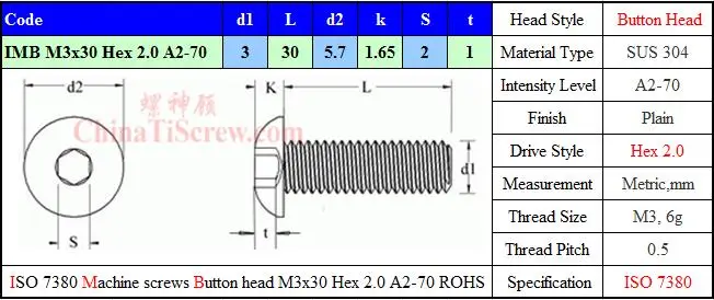 ISO 7380 Stainless Steel M3 screws M3x30 Button Head Hex Driver A2 70 ...