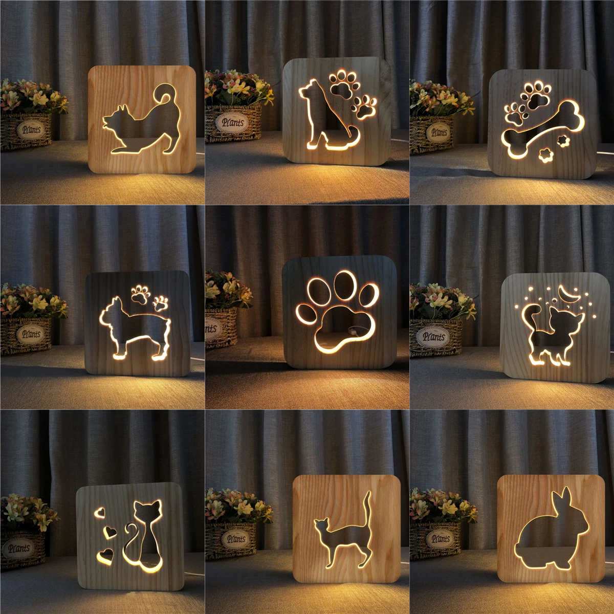 Acecorner LED USB Night Light Wooden Dog Paw Cat Wolf Head Animal Lamp ...