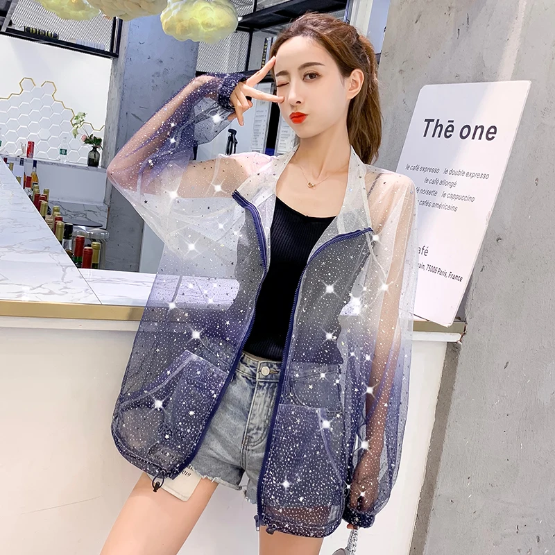 Summer Long Sleeve See Through Sparkling Star Bling Sunscreen Sunproof ...