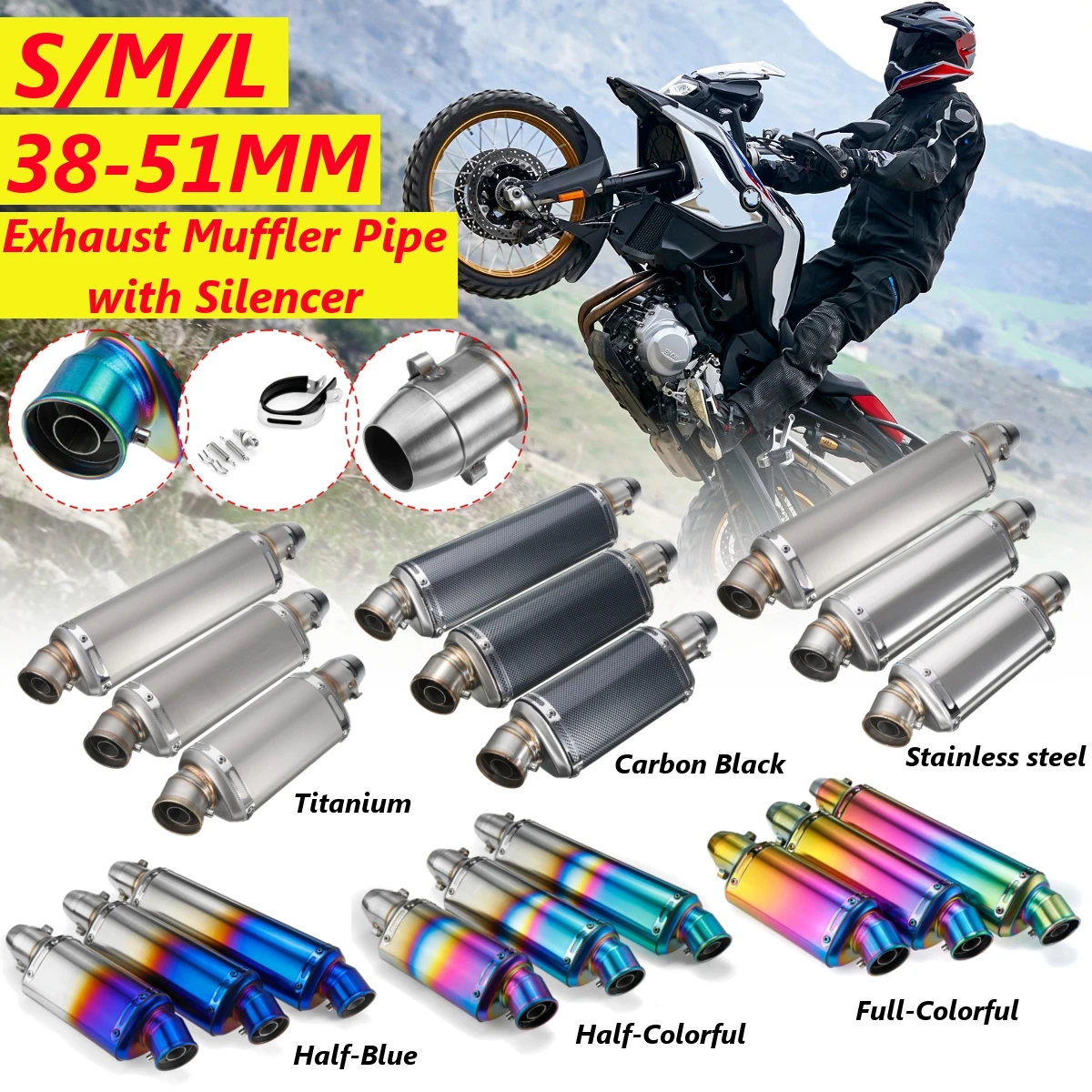 38-51mm Universal Motorcycle Exhaust Muffler Pipe With Silencer For ...