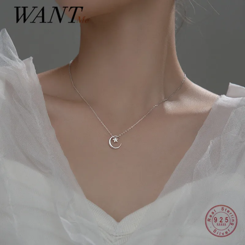925 Sterling Silver Moon Chain Charm Necklace | Wedding Necklace Star ...