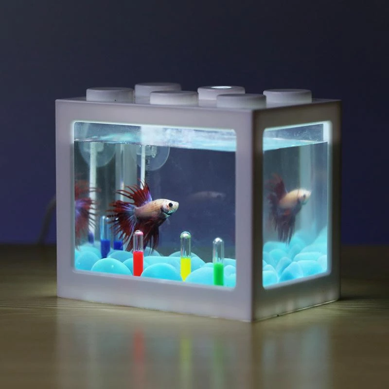USB Mini Fish Tank Betta Mini Aquarium with LED Light Creative Building ...