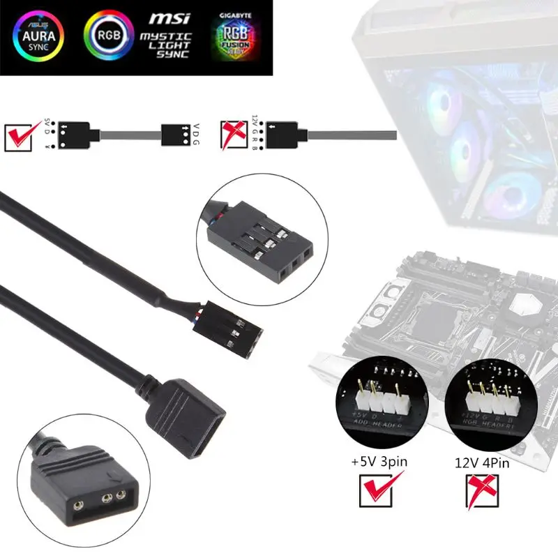 Adaptador de 5V y 3 pines RGB VDG, Conector de línea de placa base 5V ...