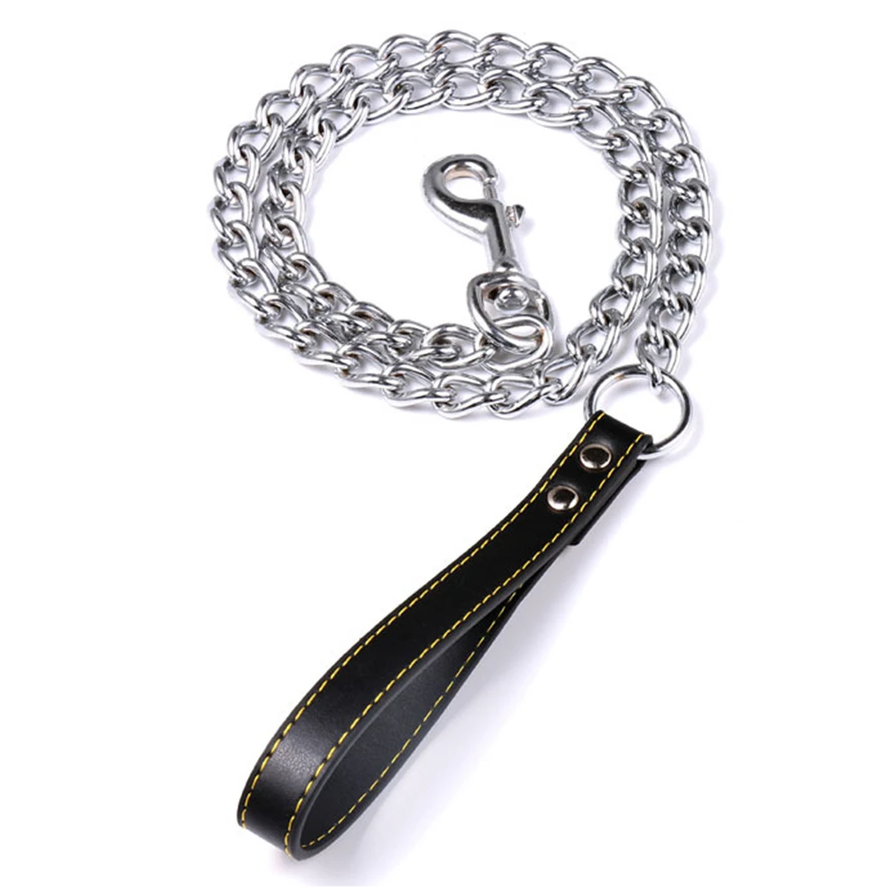 Metal Chain Dog Lead With Leather Style Handle Strong Control Leash ...