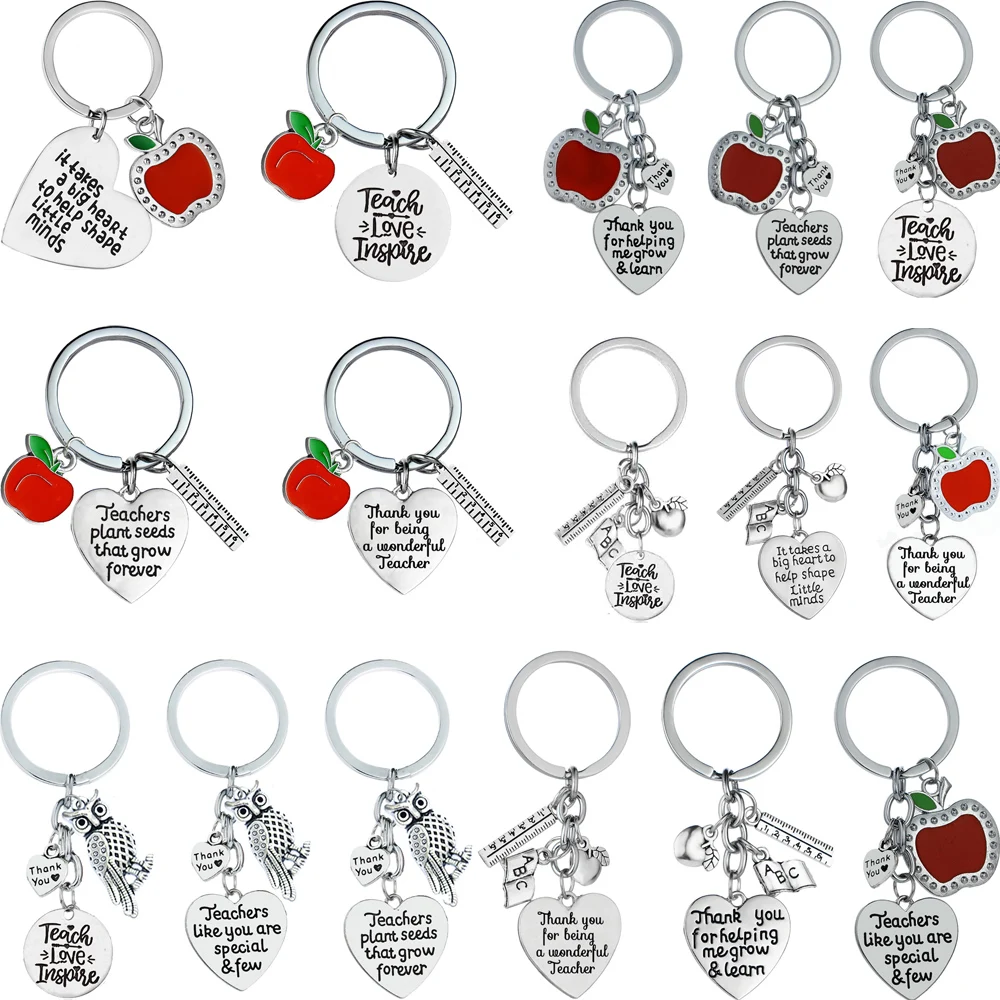 Teachers-Keyring-Love-Heart-Red-Apple-Crystal-Owl-Animal-Ruler-Keychain ...