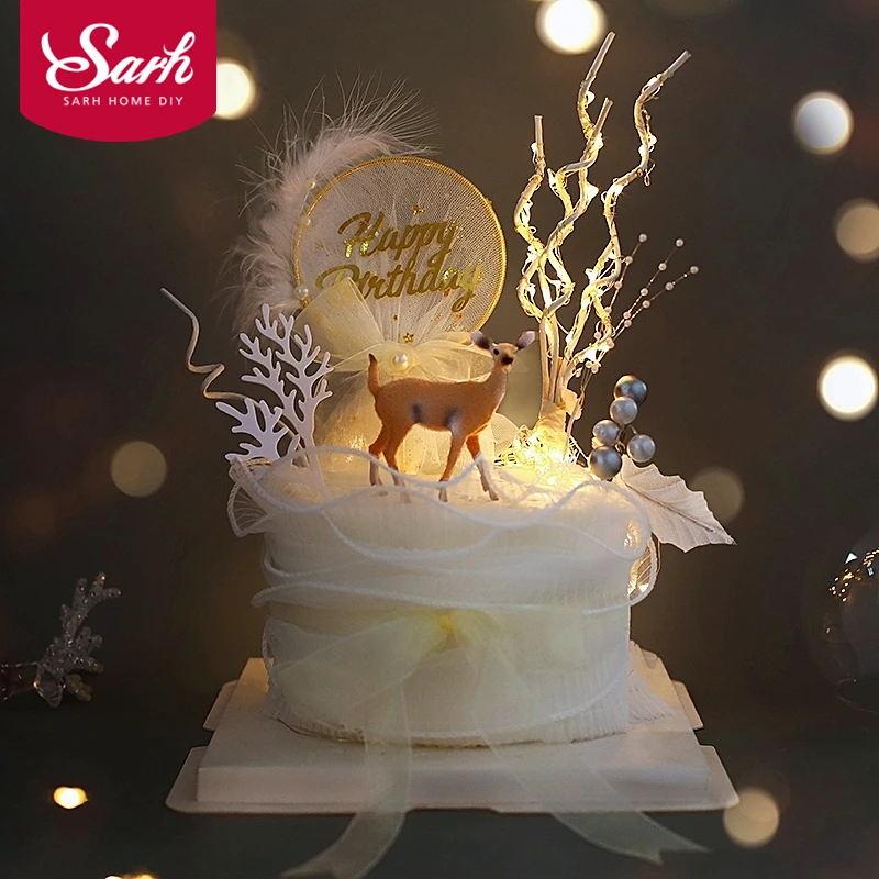 Forest Style Sika Deer Elk Cake Toppers Decorations Happy Birthday ...