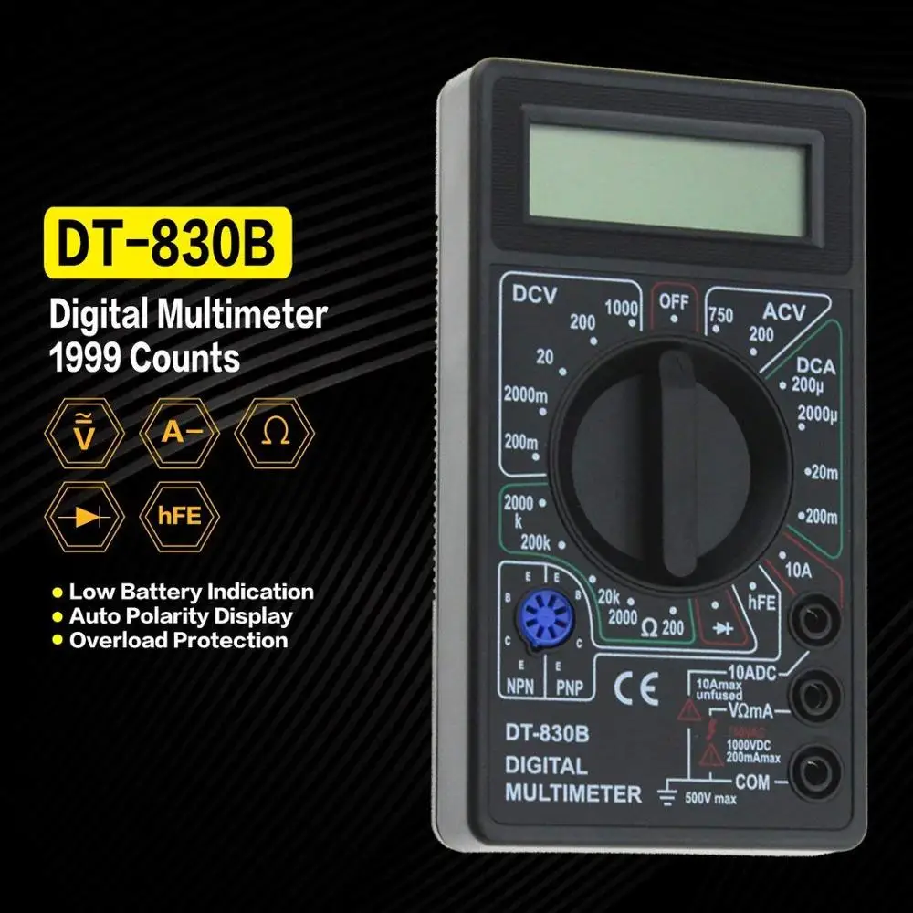 DT830B AC/DC LCD Digital Multimeter 750/1000V Voltmeter Ammeter Ohm ...
