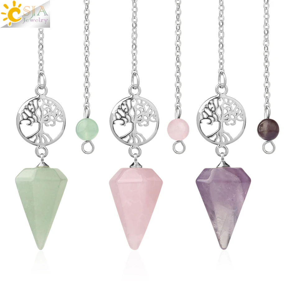 CSJA Natural Stone Pendulum for Radiesthesia Dowsing Reiki Tree of Life Pendant Divination ...