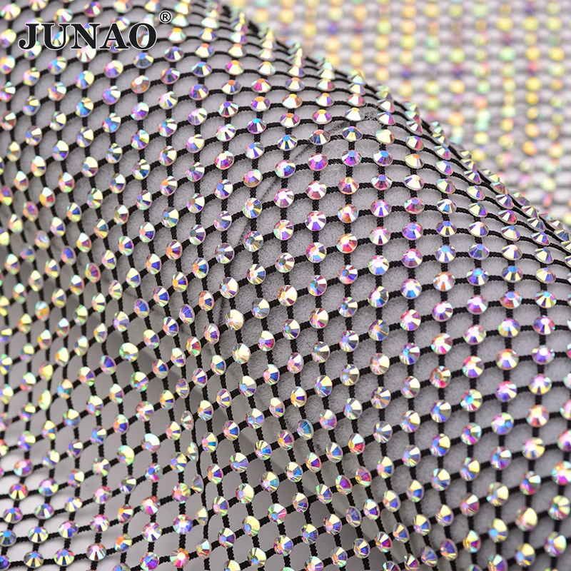 Junao 1x1.5 Meter Ss12 Ss16 Shiny Black Ab Glass Rhinestone Mesh Fabric ...