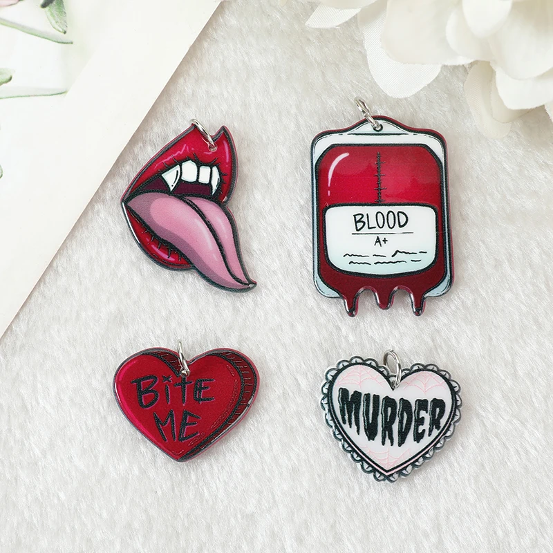 8 Pcs Halloween Charms Creepy Vampire Lips Blood Bag Bite Me Murder ...