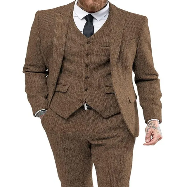 2020 Brown Mens Suits Wool 3 Piece Check Costume Homme Tweed Tailored ...