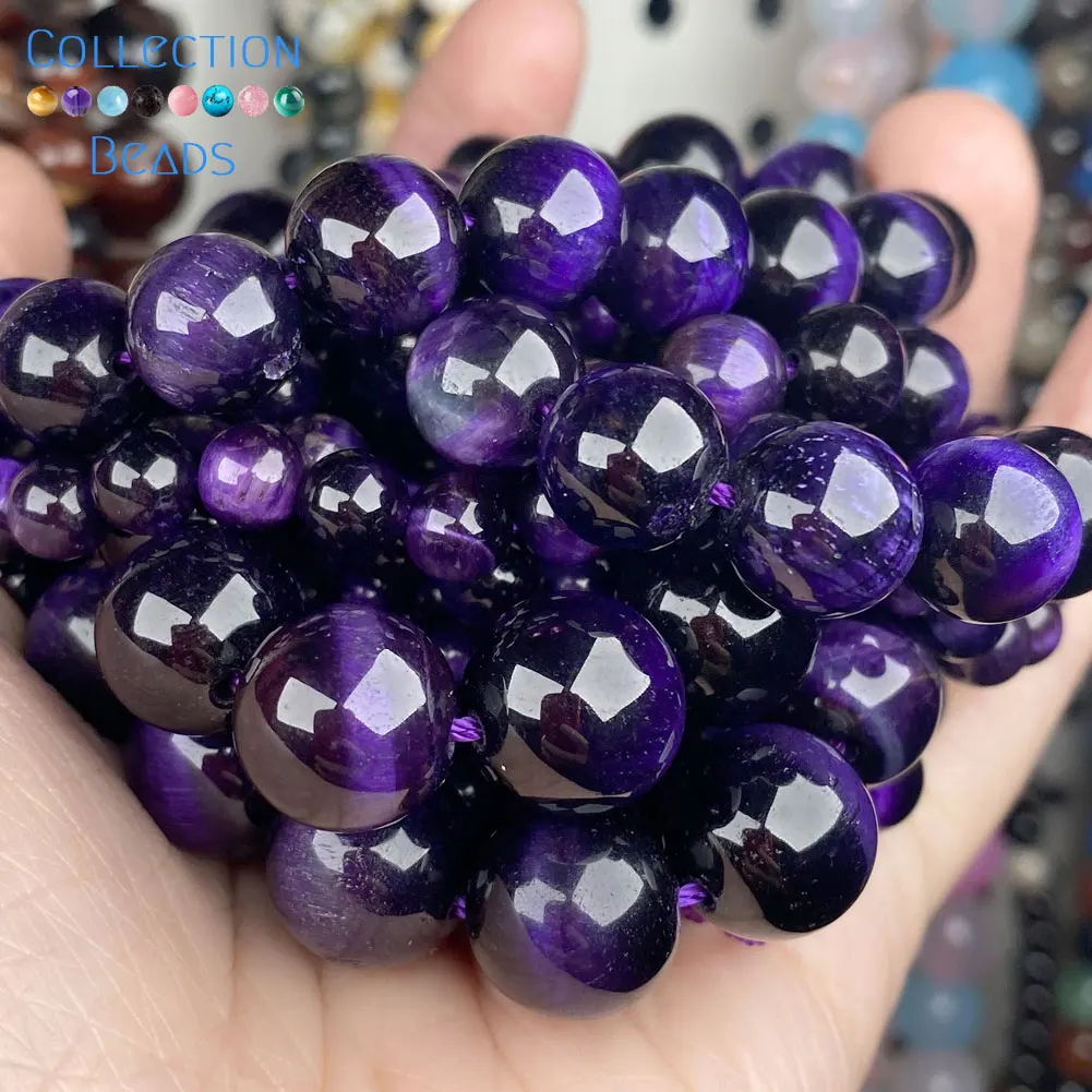 Natural Stone Purple Tiger Eye Stone Loose Spacer Round Beads For ...