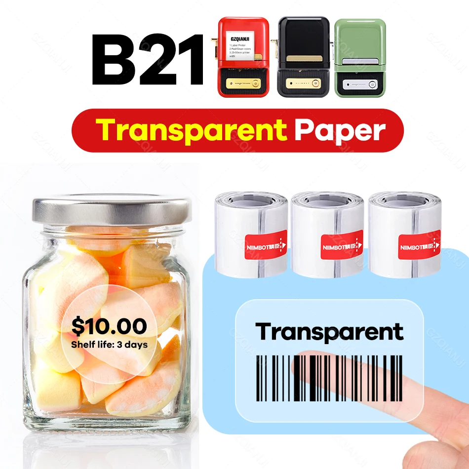 Niimbot B21 B3s Sticker Thermal Label Printer Paper Roll Transparent Waterproof Category Barcode ...