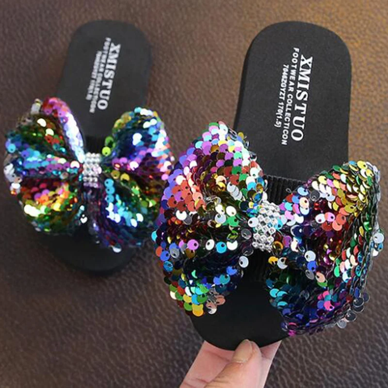 New Girls Sequin Bow-knot Summer Slipper Outdoor Non-slip Kids Fashion ...