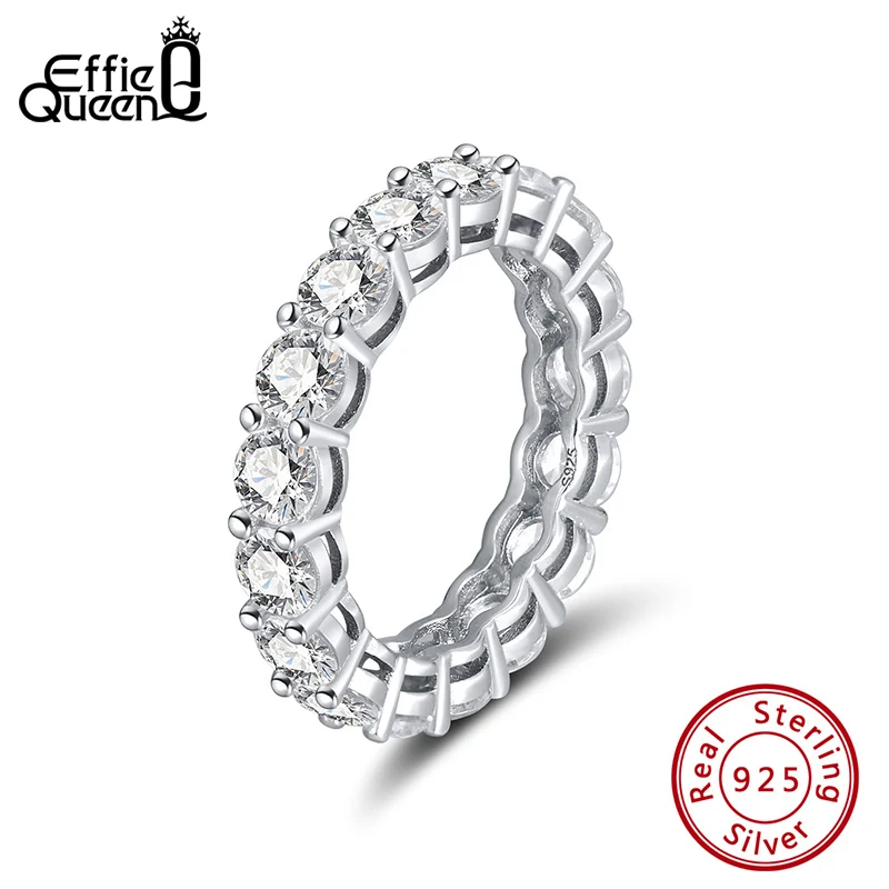 Effie Queen Women's Sterling Silver Ring Female Couple Shiny Wedding Band Eternity Round Zircon ...