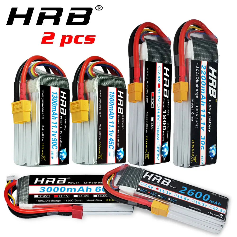 2PC HRB 3S Lipo Battery 11.1v 1300mah 1500mah 2200mah 2600mah 3000mah 65c 60c 90c XT60 Deans ...