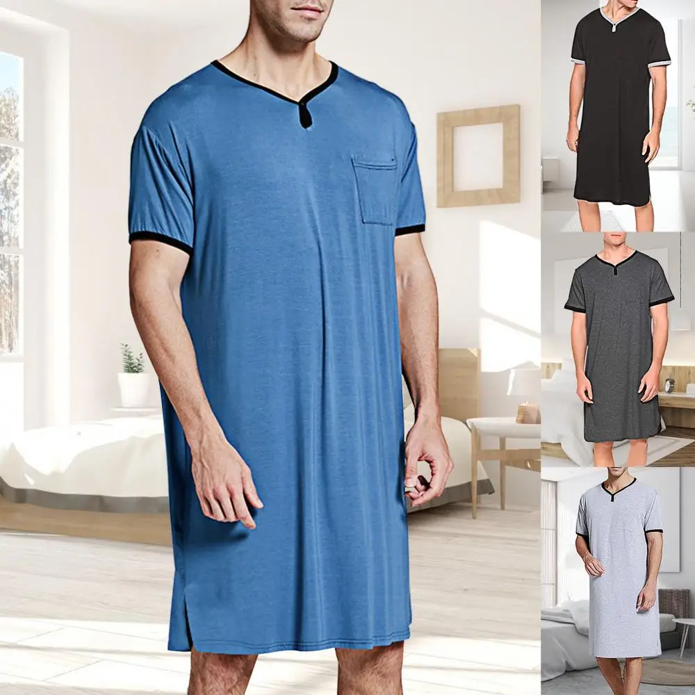 Men Nightshirt Set Summer Sleepwear Nightwear Top Short Sleeve O Neck ...