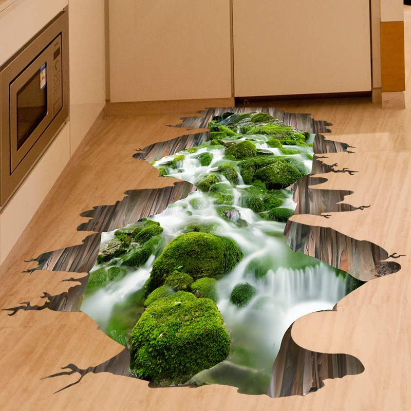 [shijuekongjian] 3d Floor Stickers Vinyl Diy Waterfall Brook Wall ...