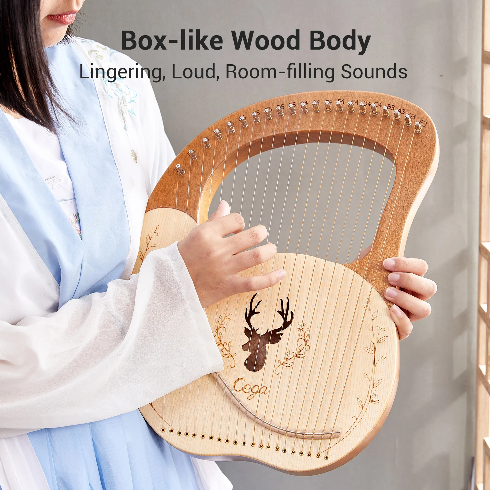 Cega-21-Metal-Strings-Lyre-Harp-Box-Spruce-Topboard-Mahogany-Backboard ...