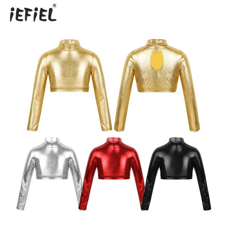 Glossy-Shiny-Metallic-Crop-Top-Kids-Girls-Rave-Outfits-Long-Sleeves-T ...