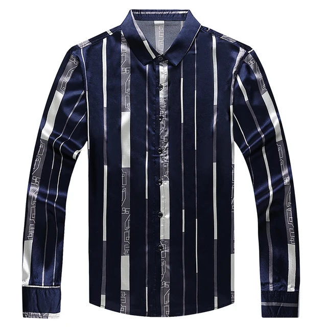 Male Silk Clothes Spring Long Sleeve Striped Silk Shirts Mens Caual ...