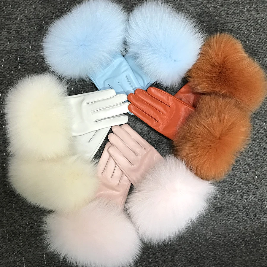 Real Sheepskin Fox Fur Gloves Women's Genuine Leather Glove Winter Warm ...