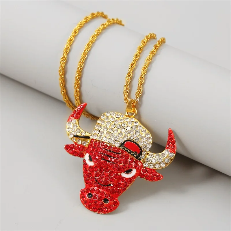 2020 New Fashion Rhinestone Red Bull Big Pendant Necklace Hip Hop ...