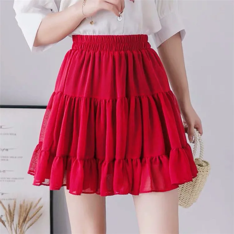 Boho Summer Pleated 미니 스커트 하이 웨스트 섹시한 시폰 스커트 핑크 레드 블랙 화이트 블루 프릴 파티 스커트