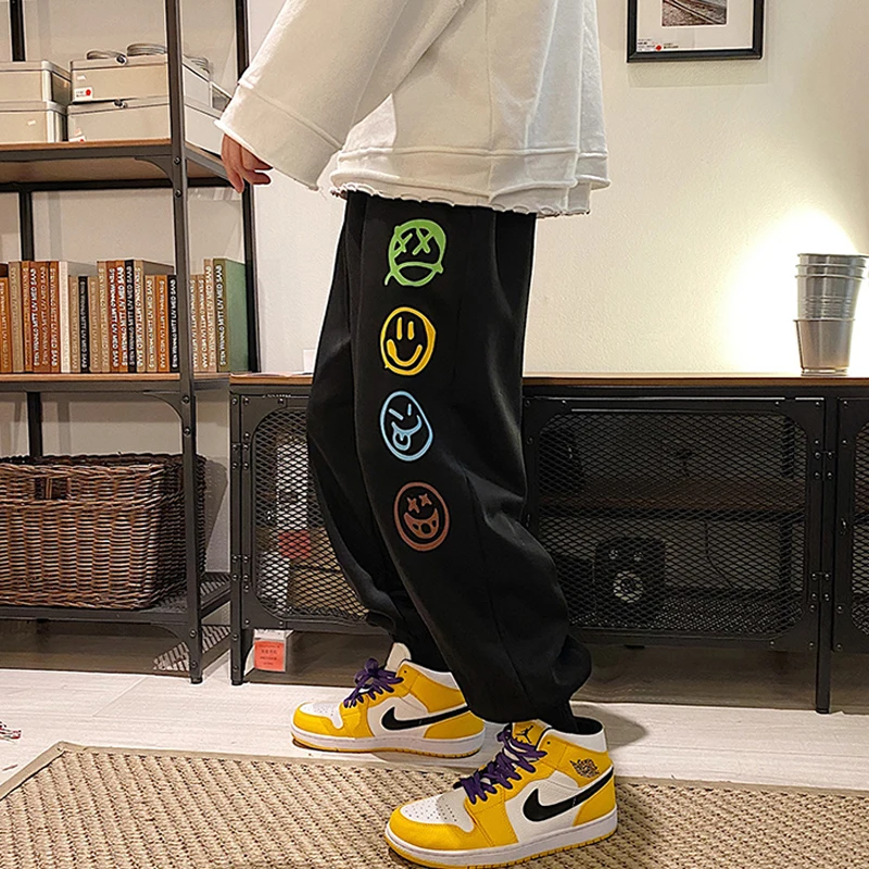 Fashion-Mens-Vintage-Washed-Hip-Hop-Smile-Face-Printed-Loose-Fit-Denim ...