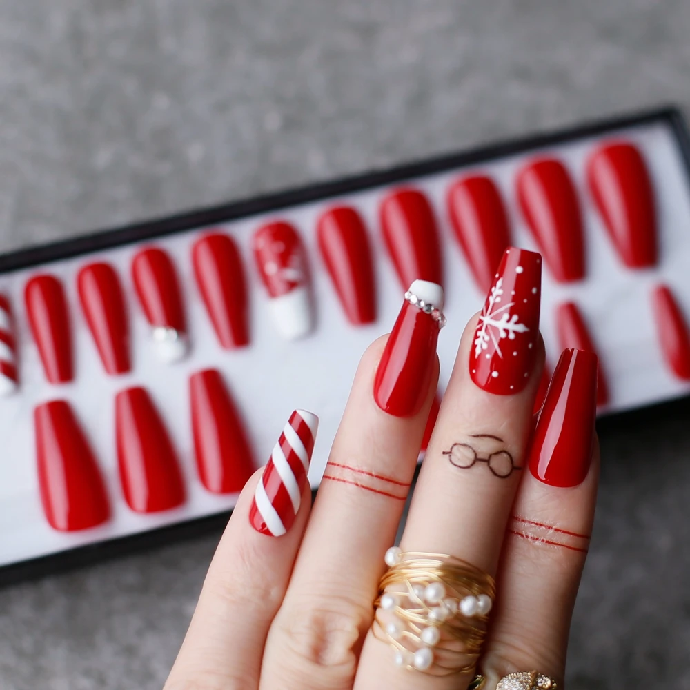 Christmas-candycane-Coffin-False-nails-with-box-Acrylic-crystal-DIY ...