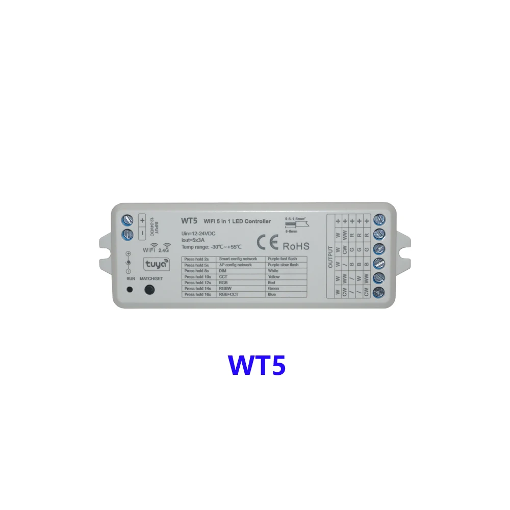 WT5 WiFi-RF 5-in-1 LED Controller Used to Control RGB, RGBW, RGB+CCT ...