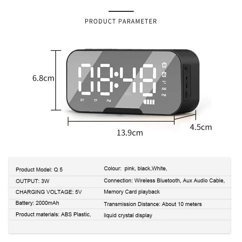 Miroir Portable haut-parleurs Bluetooth numériques réveil MP3 Radio FM ...