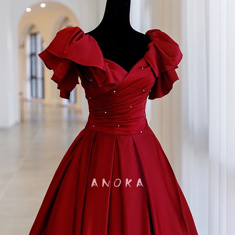 Vintage Wine Red Evening Dresses V-Neck Princess Corset Pearls Puff ...
