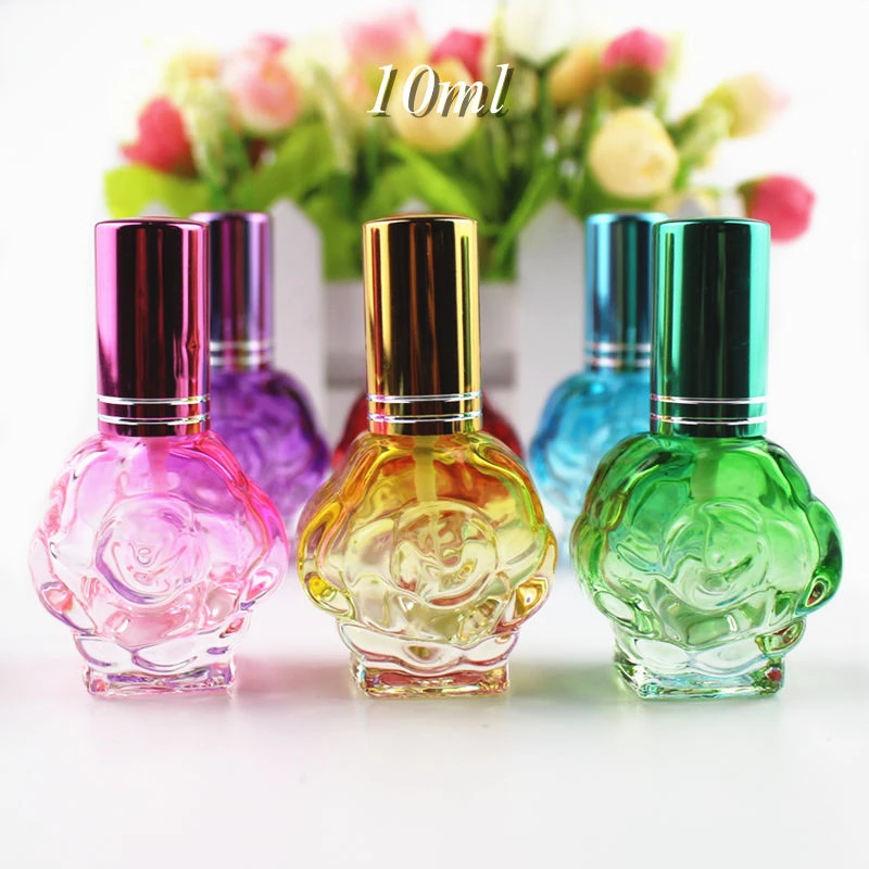 10pcs 10ml Colorful Rose Shaped Glass Perfume Bottle Refillable Sample ...