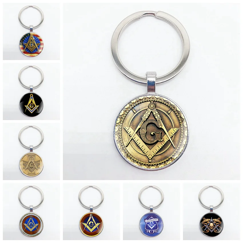 Vintage Bronze Masonic Masonic Design Glass Convex Round Key Chain Men ...