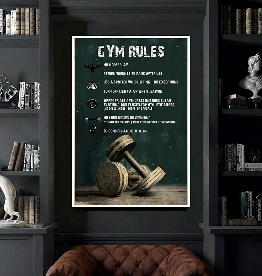 Dumbbell Gym Rules Vintage Poster, Fitness Gym Workout Painting ...