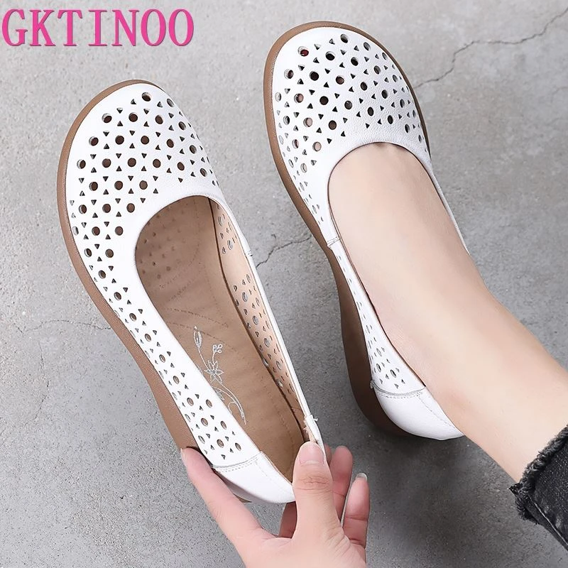 Gktinoo White Genuine Leather Ladies Breathable Summer Shoes Women ...