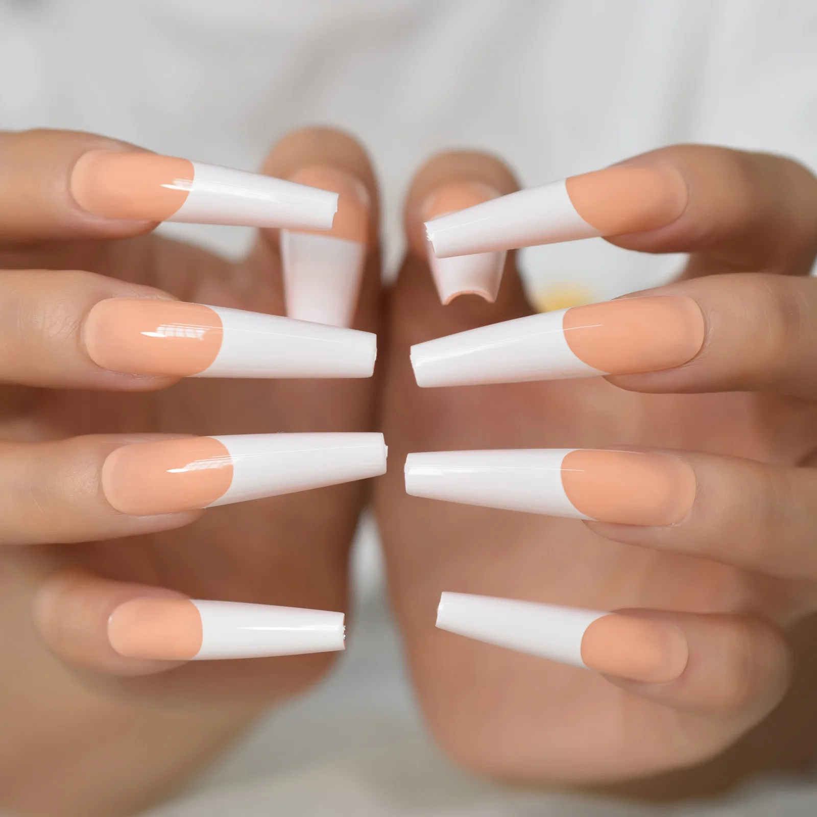 Extra Long Xxl Coffin Press On Nails Beige White Glossy French False ...
