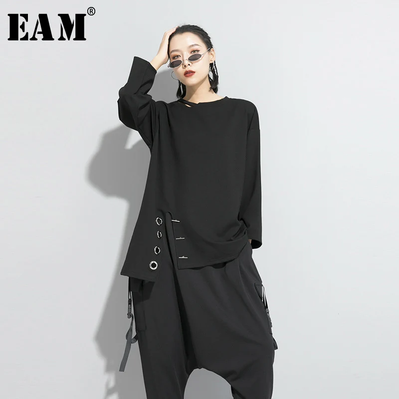 [EAM] Women Black Asymmetrical Stitch Big Size T shirt New Round Neck ...