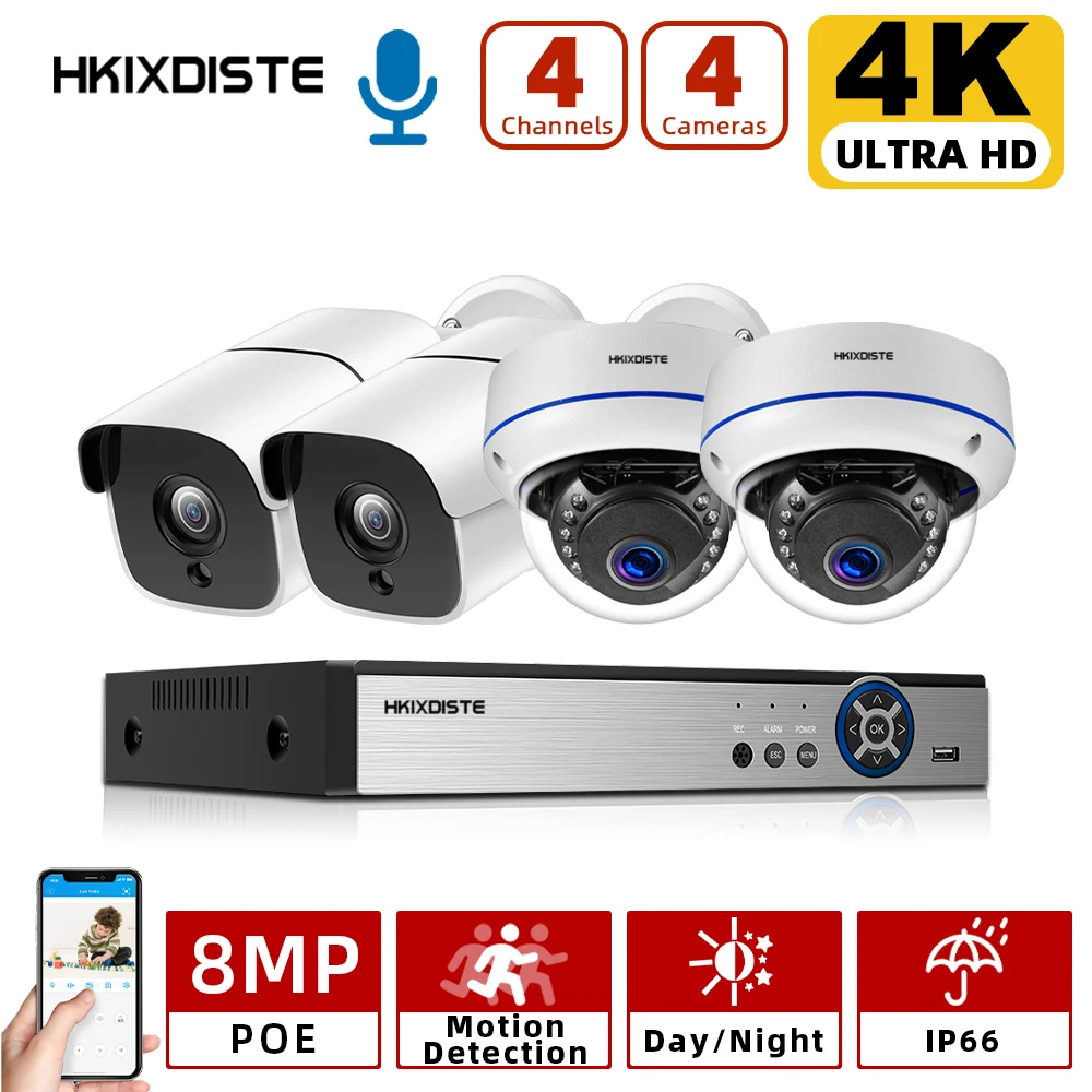 8MP 4K Ultra HD Security Camera System 4ch PoE NVR & 4 PoE IP Bullet ...
