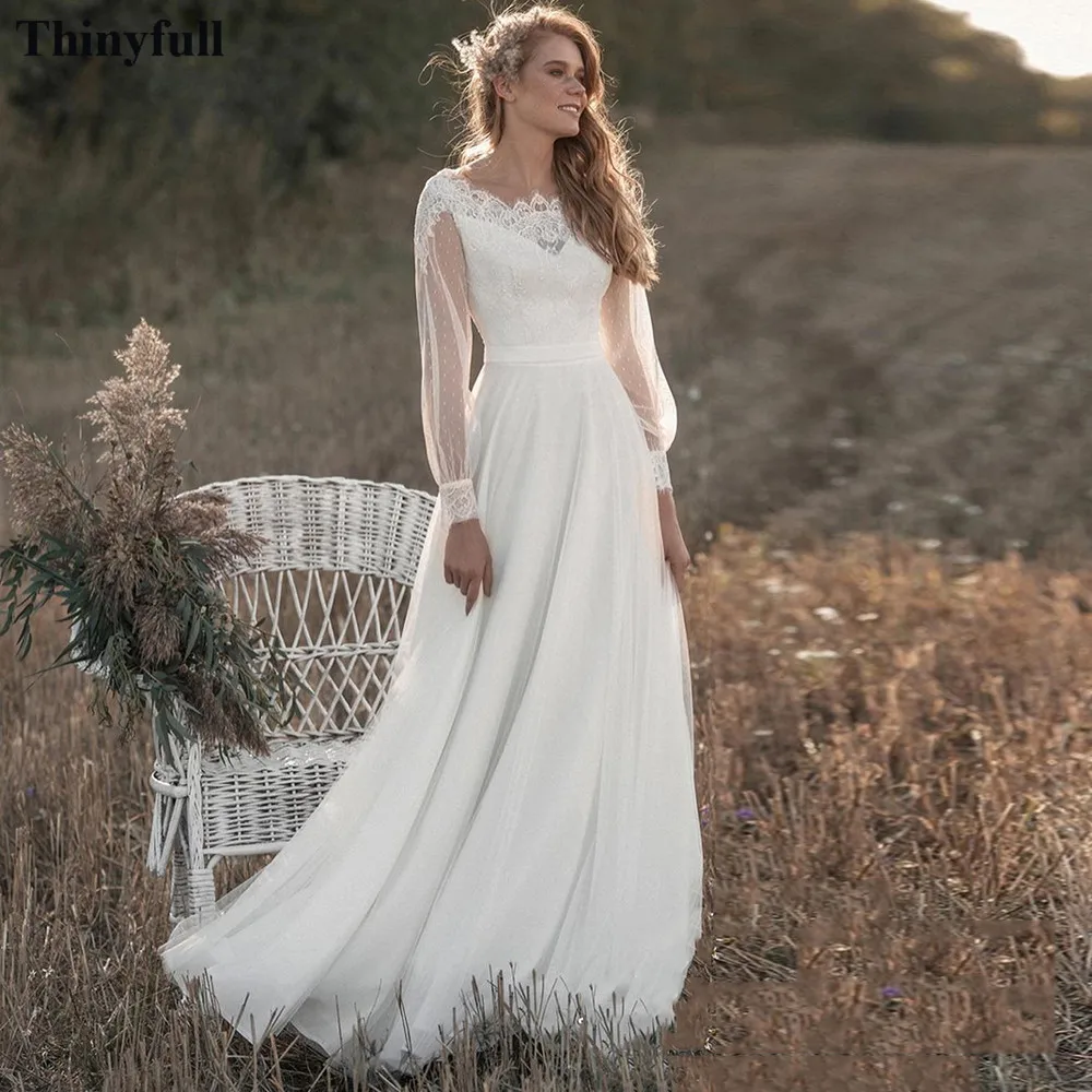 Thinyfull – robe de mariée en dentelle, à pois, manches longues, style Boho, Tulle doux ...