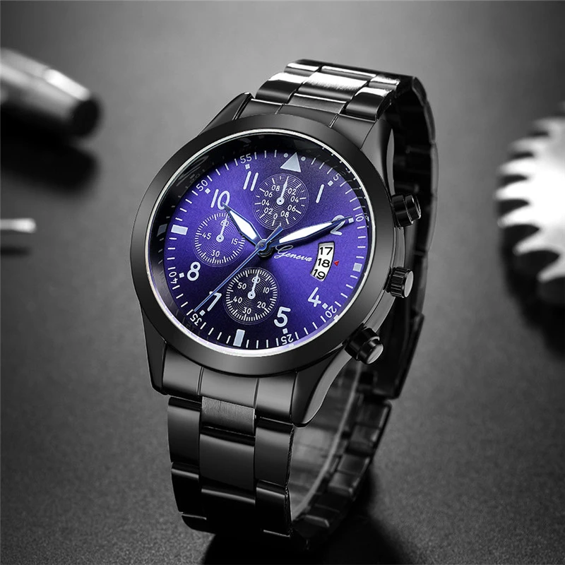 Geneva Watches Men Luxury Men Watches Black Stainless Steel Blue Face ...