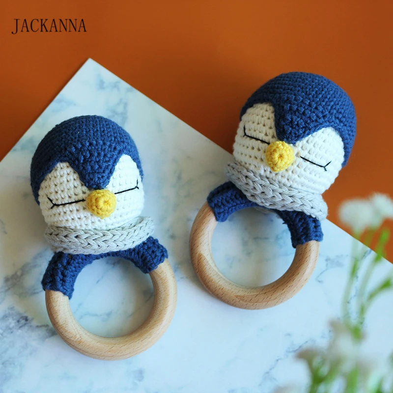 Wood Baby Teether Crochet Penguin Rattle Teether Wood Ring Baby Play ...