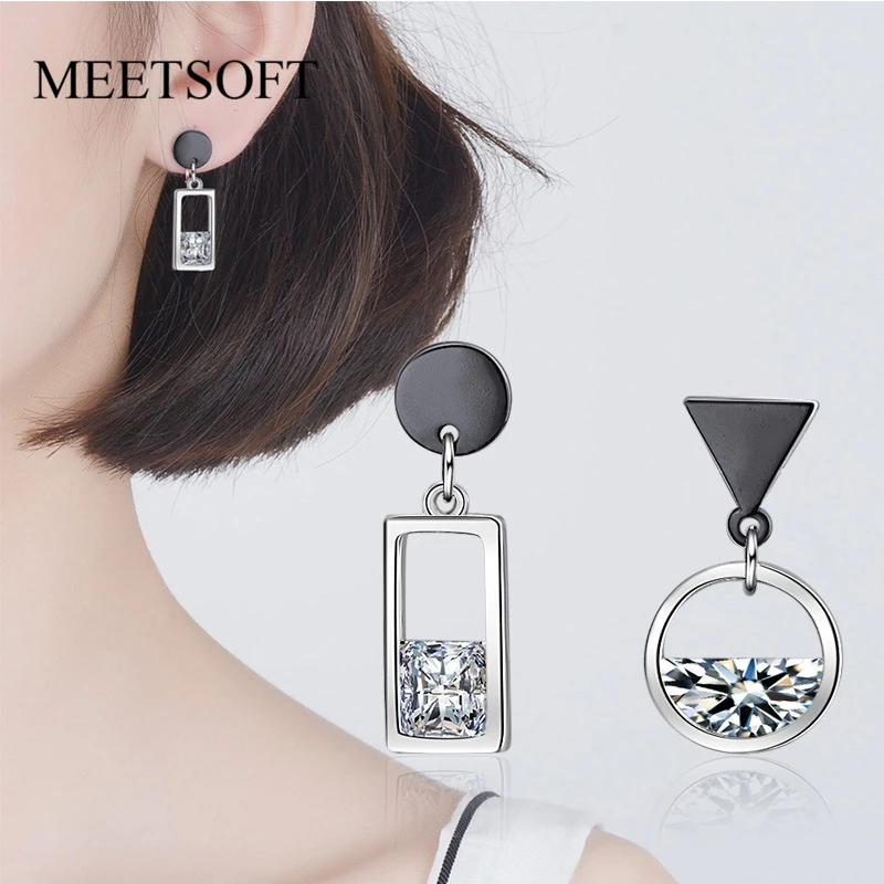 MEETSOFT Trendy 925 Sterling Silver Asymmetry Zircon Circle Square Black Tranigle Drop Earrings ...